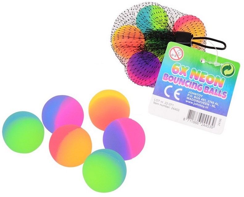 Bouncing Balls Two-Coloured Neon, 6 pieces in a net, 3 assorted 3cm