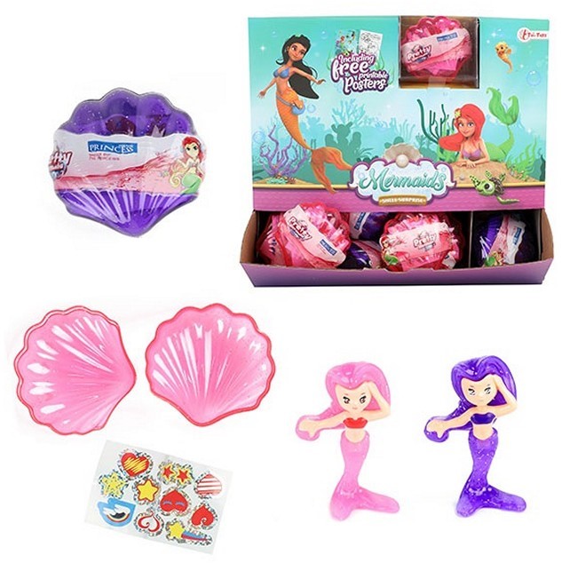 MERMAIDS Shell filled with mermaid + stickers 4 assorted in display 7x7cm
