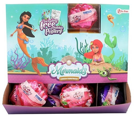 MERMAIDS Shell filled with mermaid + stickers 4 assorted in display 7x7cm