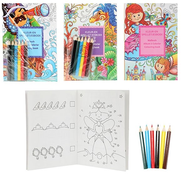 Coloring and games book with 6 colored pencils 4 assorted 11,5x16,5cm